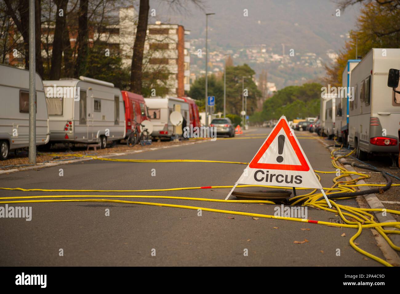 Circus Sign and Many Caravan on the Street in Locarno, Ticino in ...