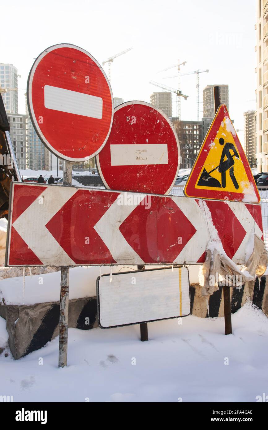 Large road signs are prohibited on the construction site Stock Photo ...