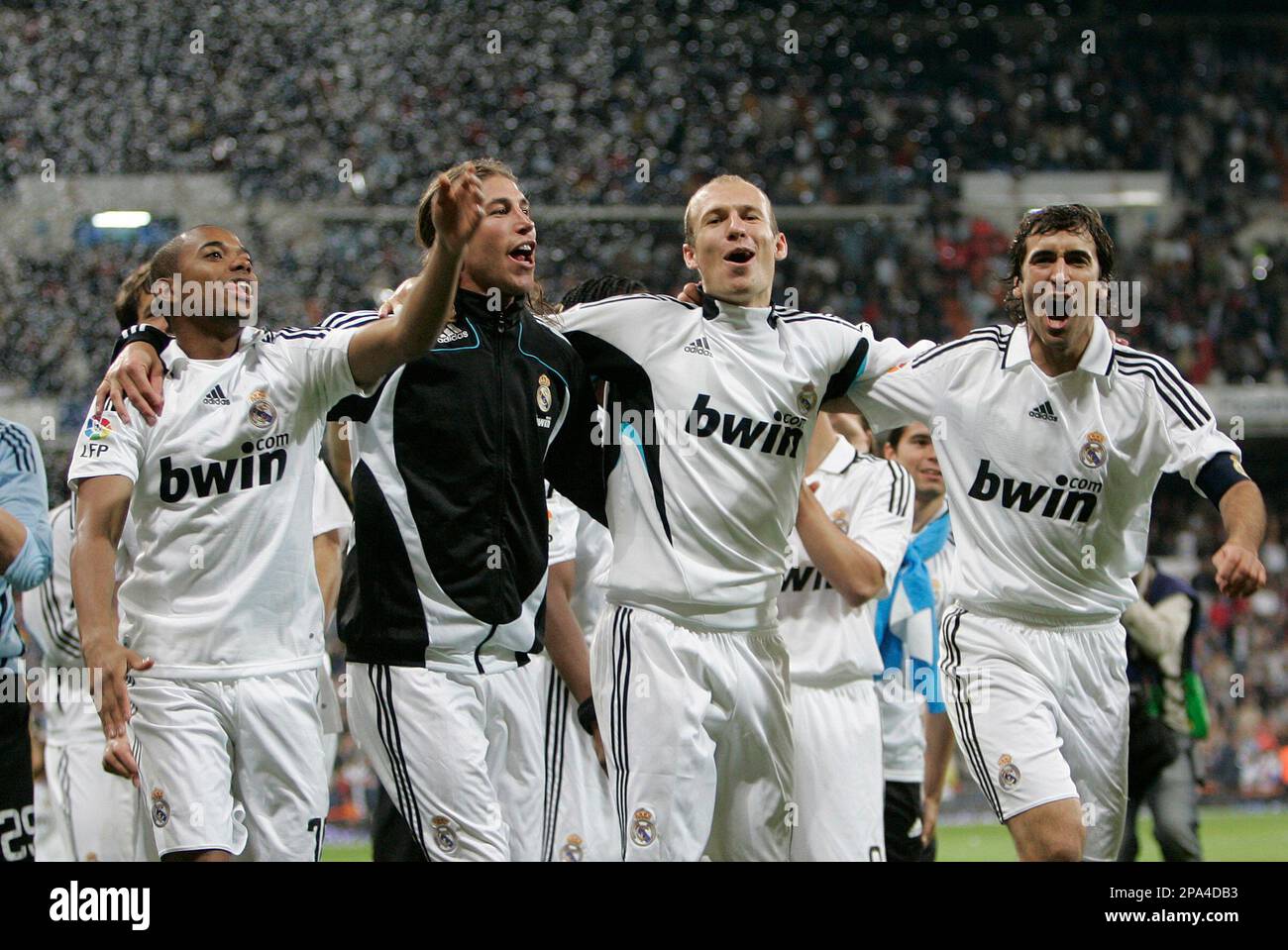 Real Madrid players celebrate the Spanish League title at the Santiago ...
