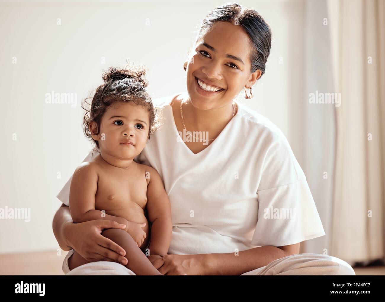 Baby, mother and portrait of loving parent with her little girl at home for relaxation and care ...