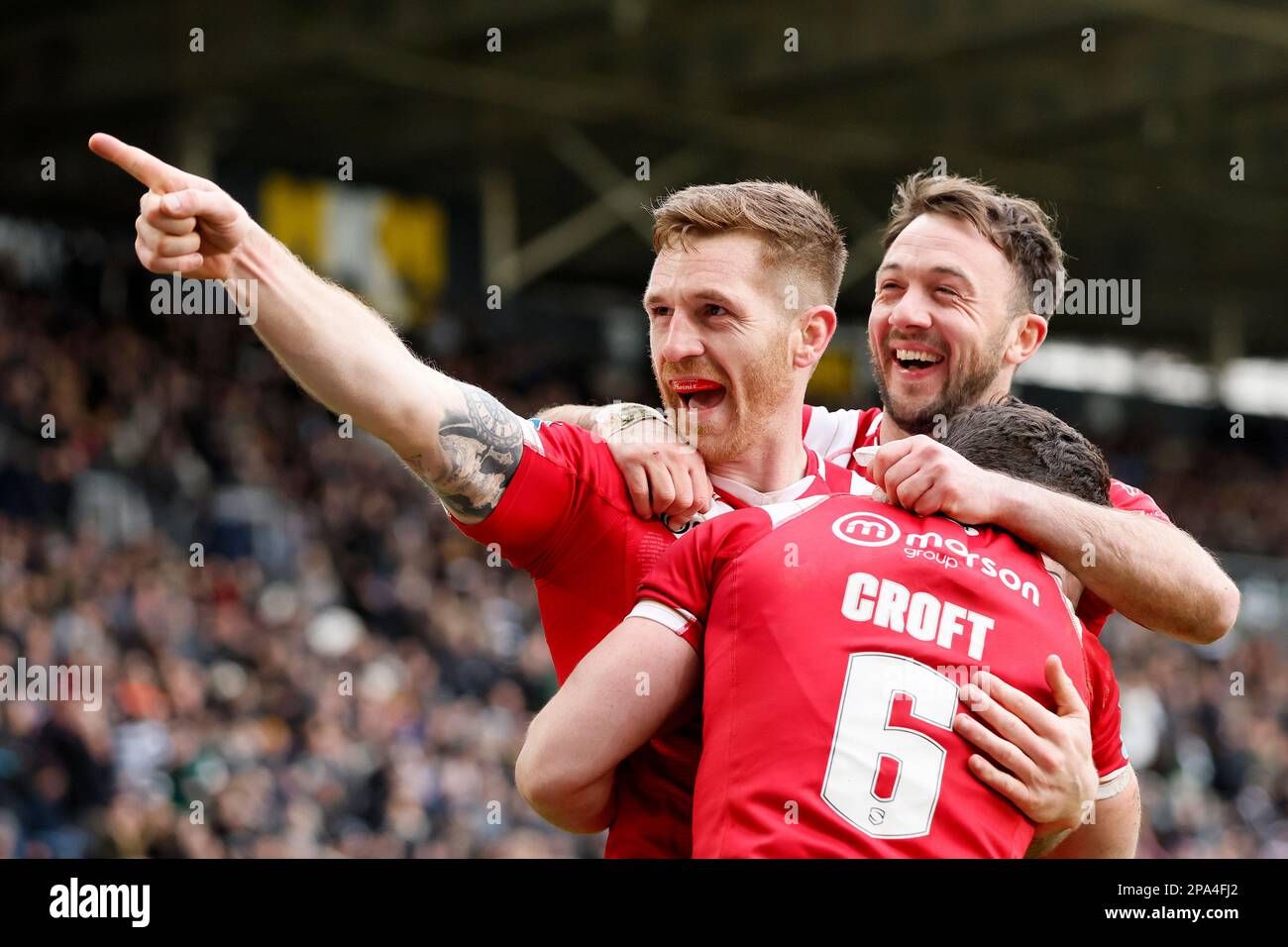 Salford Red Devils Marc Sneyd celebrates his try during the Betfred ...