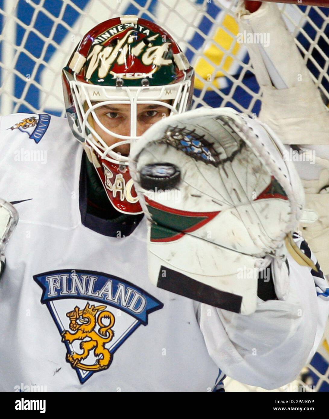 Finland goalie Niklas Backstrom makes a save against Sweden during the ...