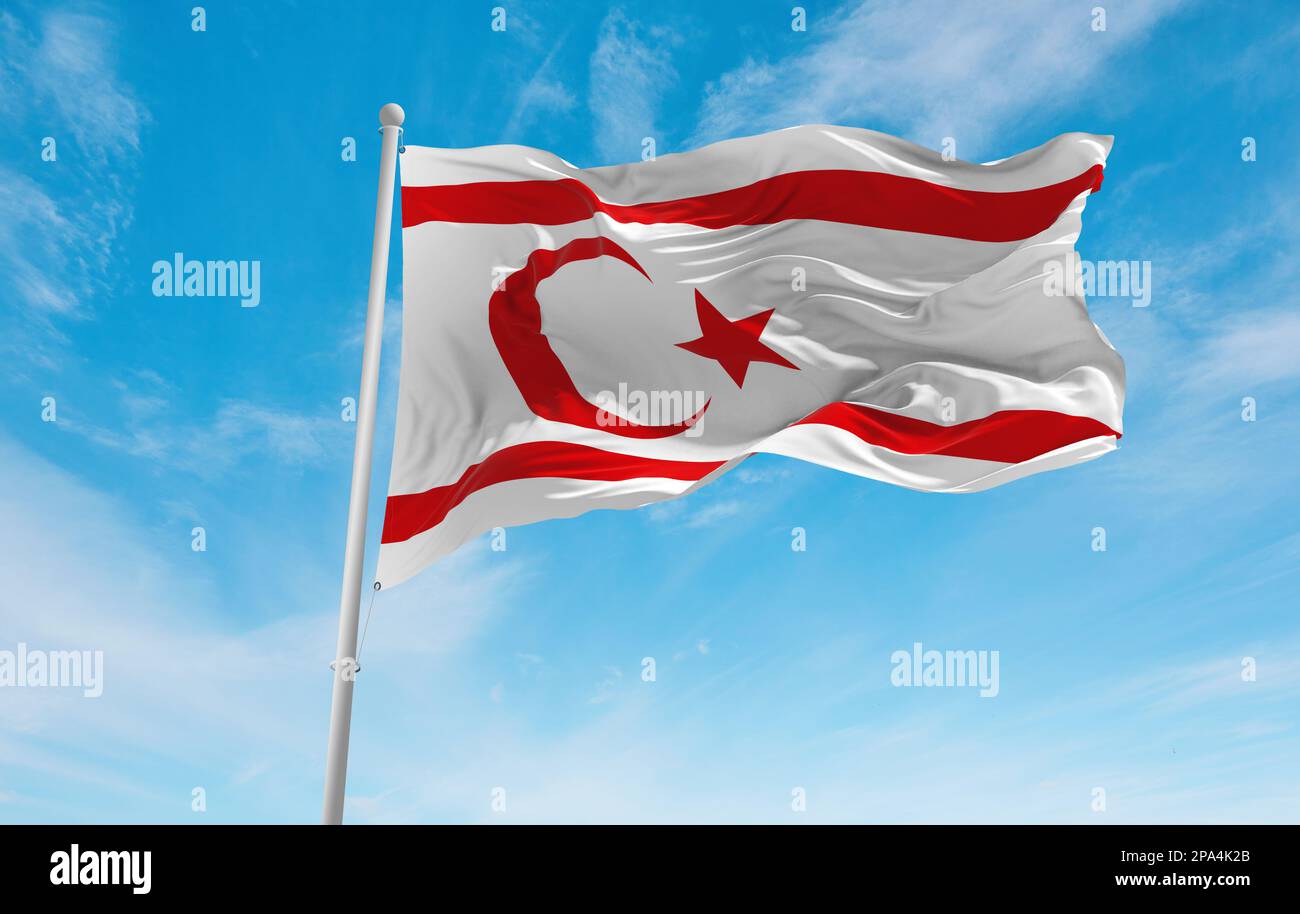official flag of Turkish Republic of Northern Cyprus Turkey at cloudy ...