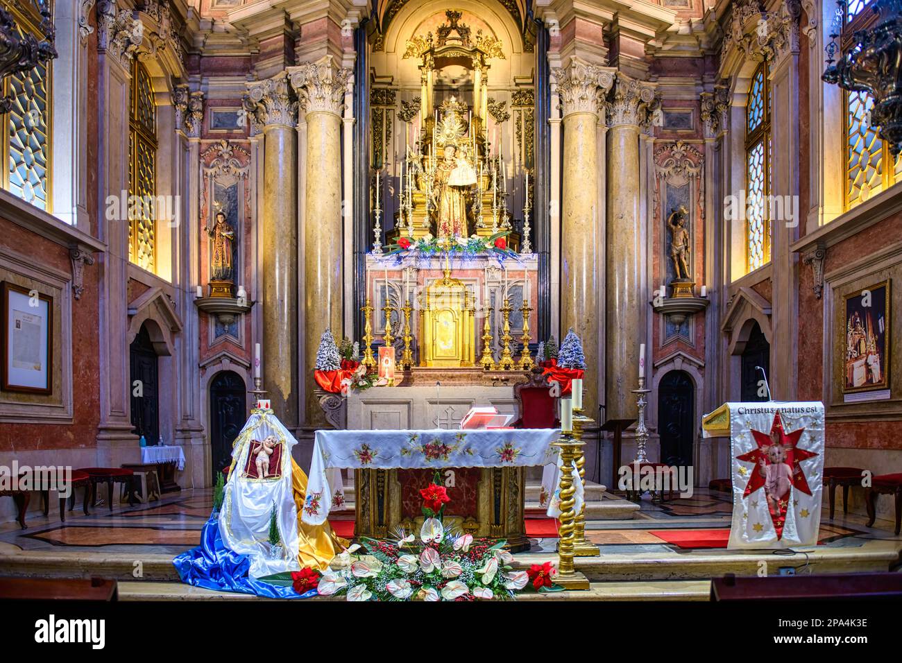 The front altar inside of the Catholic temple. A view of the podium, a ...