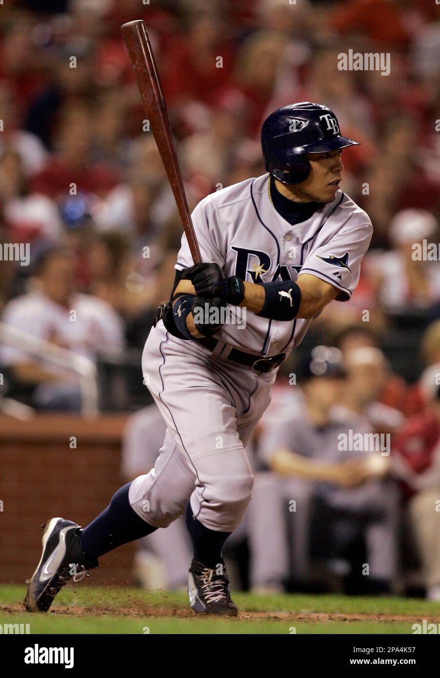 Tampa Bay Rays' Akinori Iwamura hits a double during the ninth inning ...