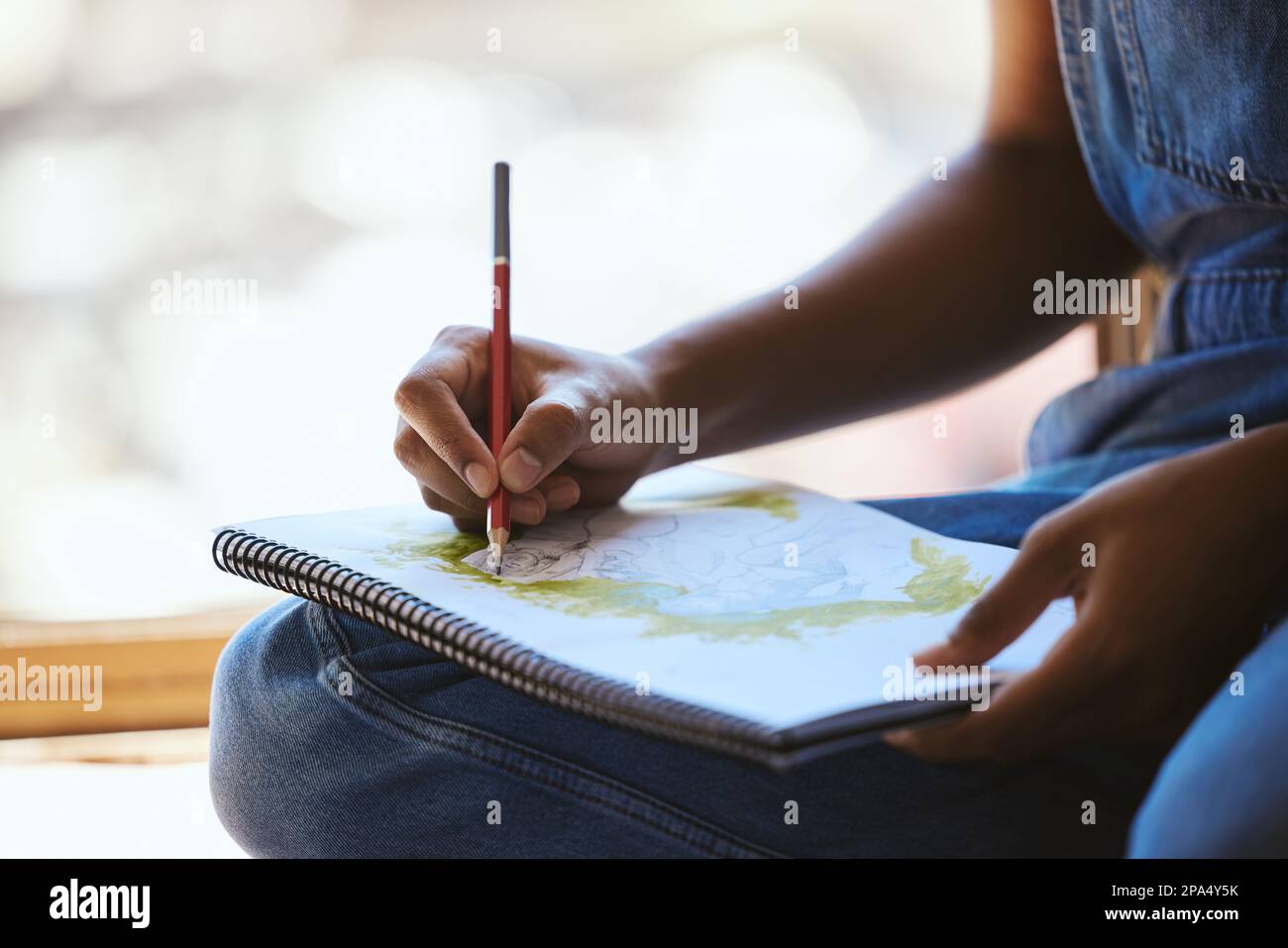 Creativity, adult color book and woman artist is drawing by window for ...