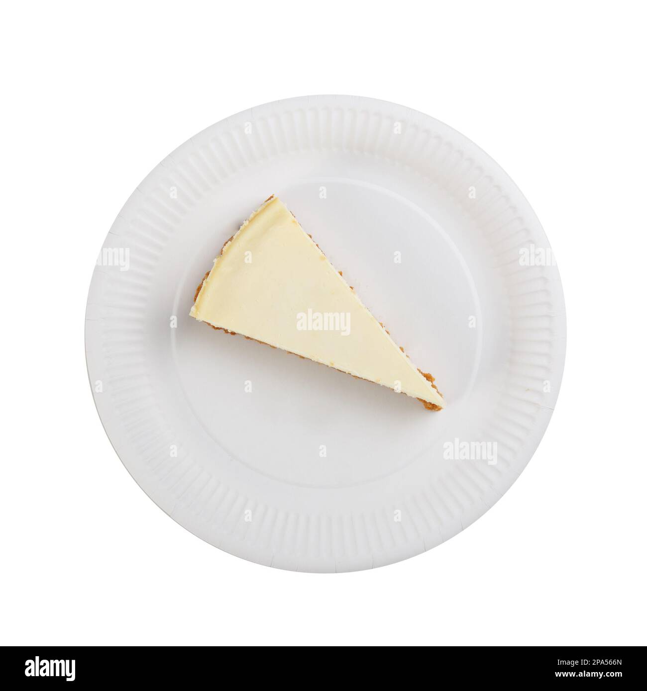 A piece of cheesecake on a paper plate isolated on white background ...