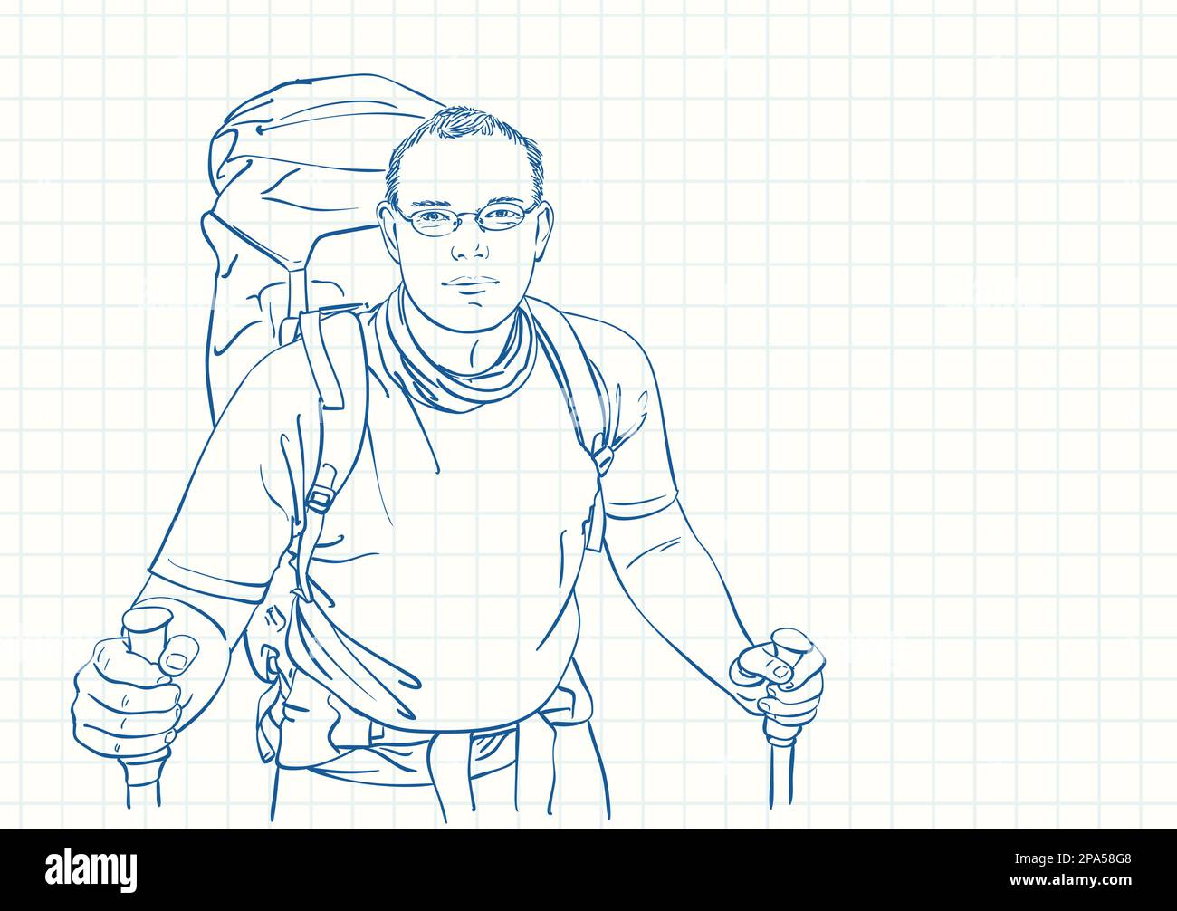 Trekking man with big backpack, Blue pen sketch on square grid notebook ...