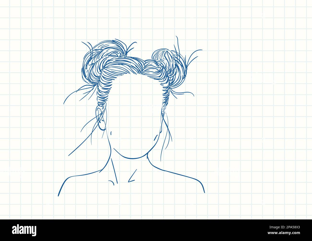 Girl head with no face and two buns hairstyle, Blue pen sketch on ...