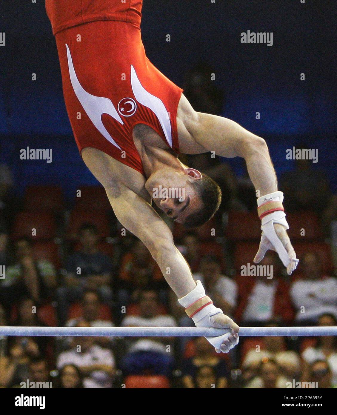 Umit Samiloglu of Turkey in the high bar final at the European Men's ...
