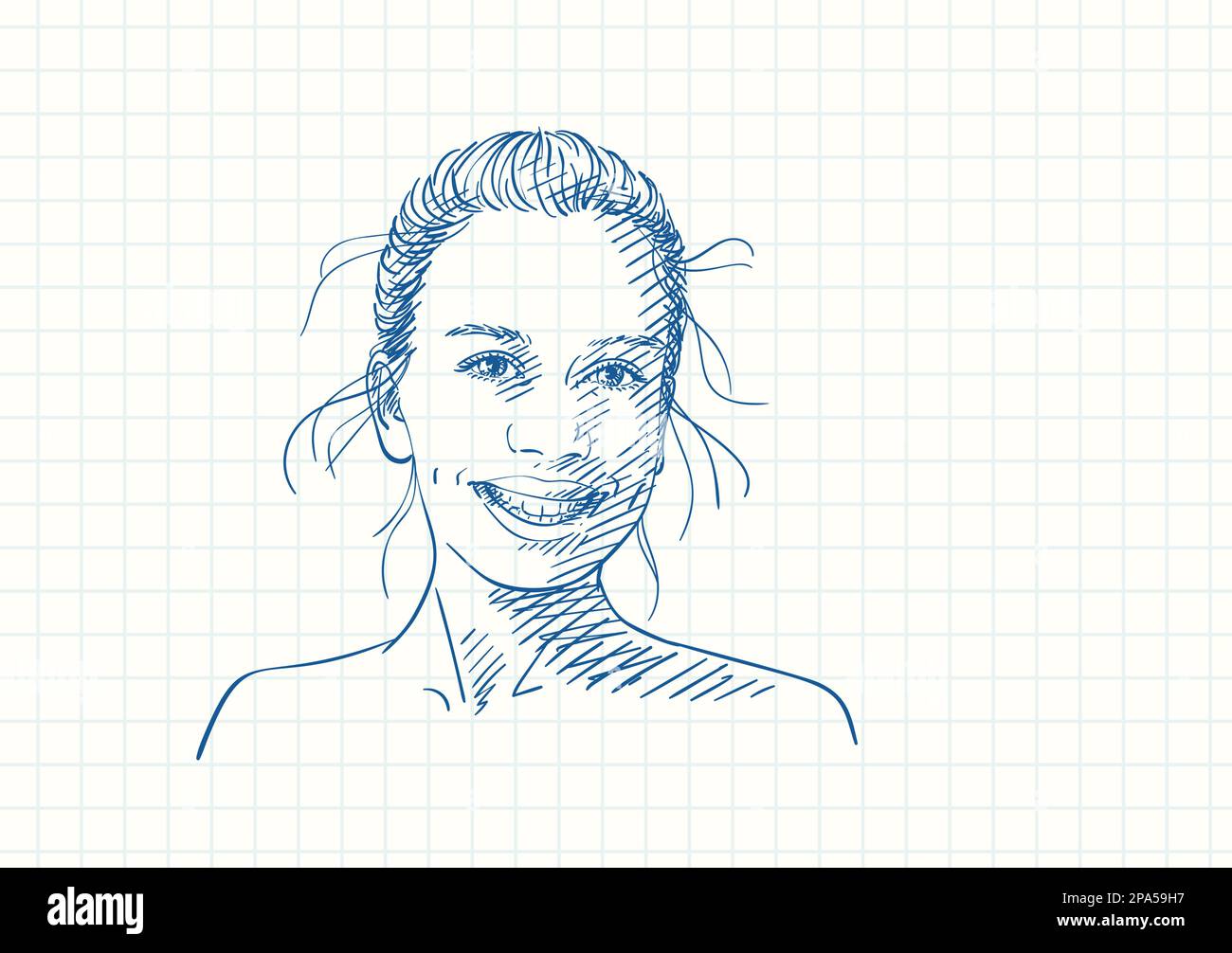 Happy teenage girl with broad smile, Blue pen sketch on square grid ...