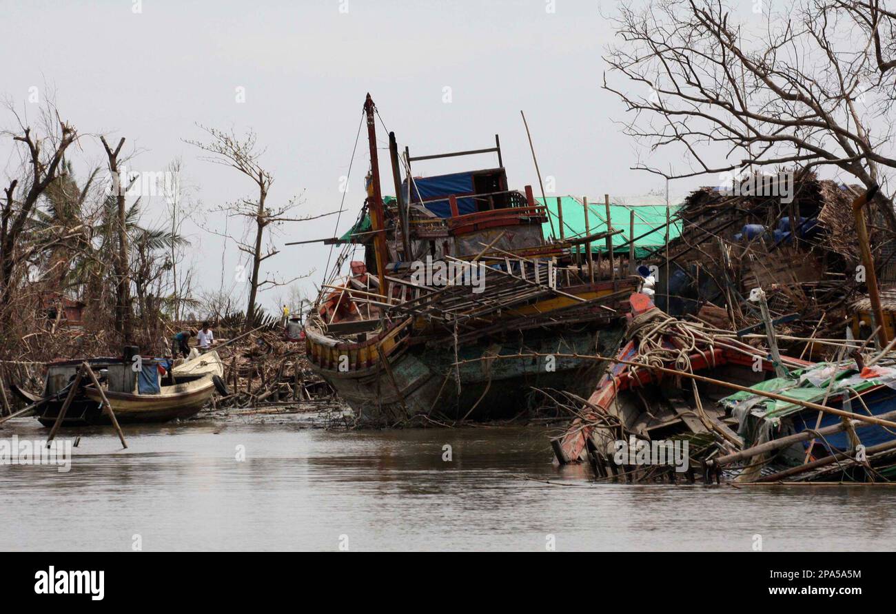 Destroyed boats are seen in Pyapon, a town in the Irrawaddy delta of ...