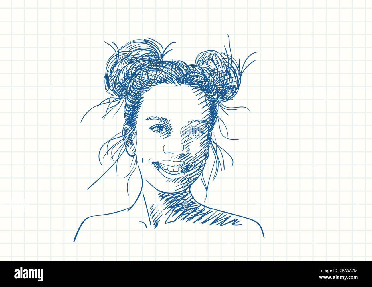 Beautiful smiling teenage girl with two buns hairstyle, Blue pen sketch ...