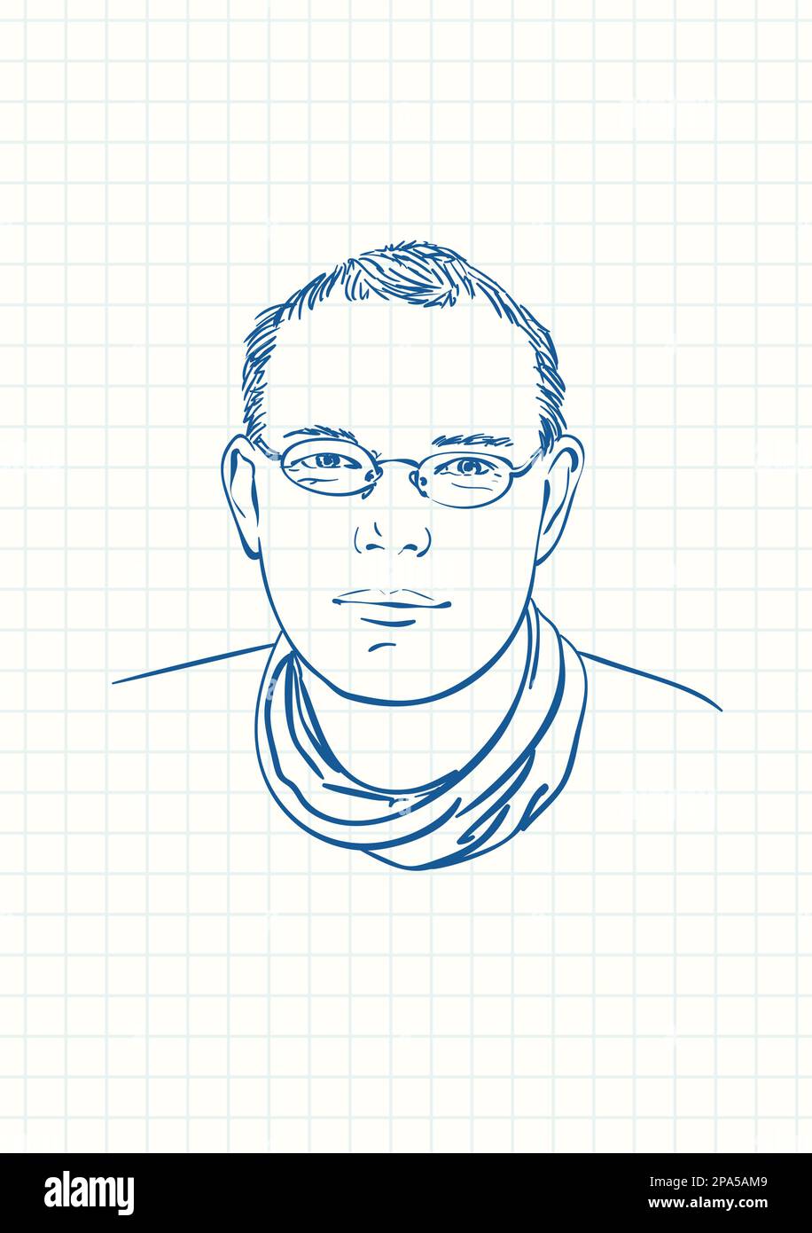 Young man in glasses, Blue pen sketch on square grid notebook page ...