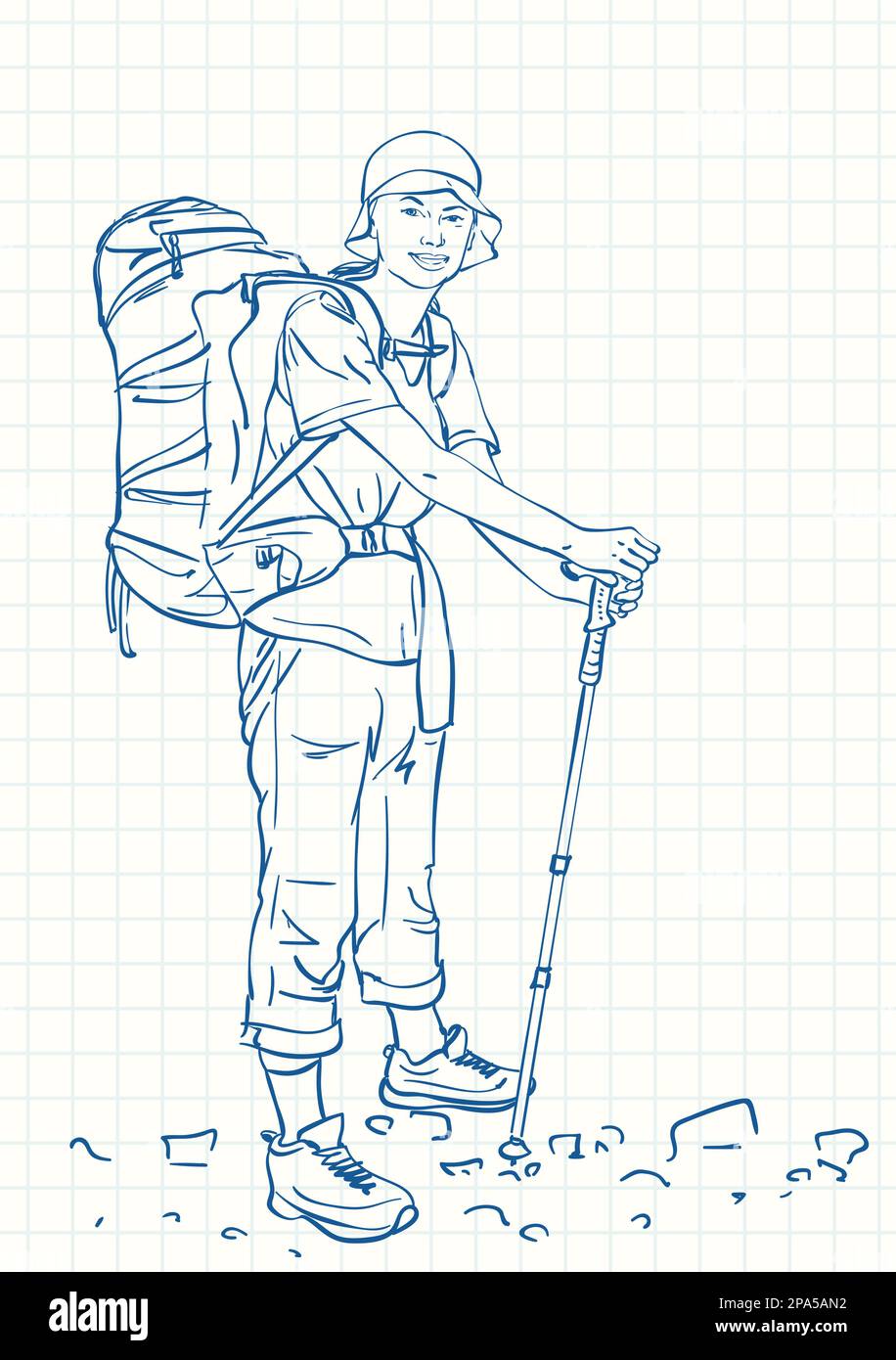 Trekking woman with big backpack, Blue pen sketch on square grid ...