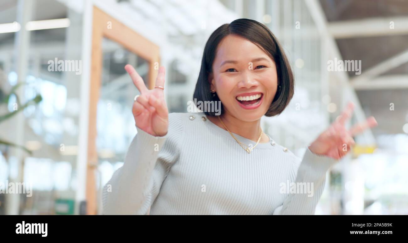 Peace sign, happy asian woman and face of success, motivation or pride ...