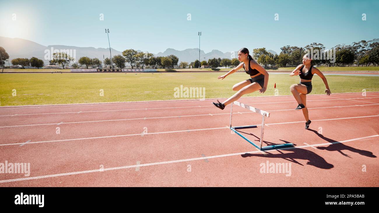 Athlete, runner and women in hurdles training for contest, race or ...
