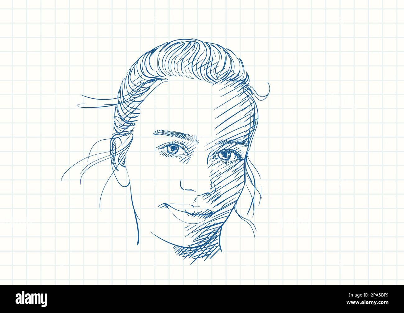 Teenage girl face, Blue pen sketch on square grid notebook page, Hand drawn vector illustration ...