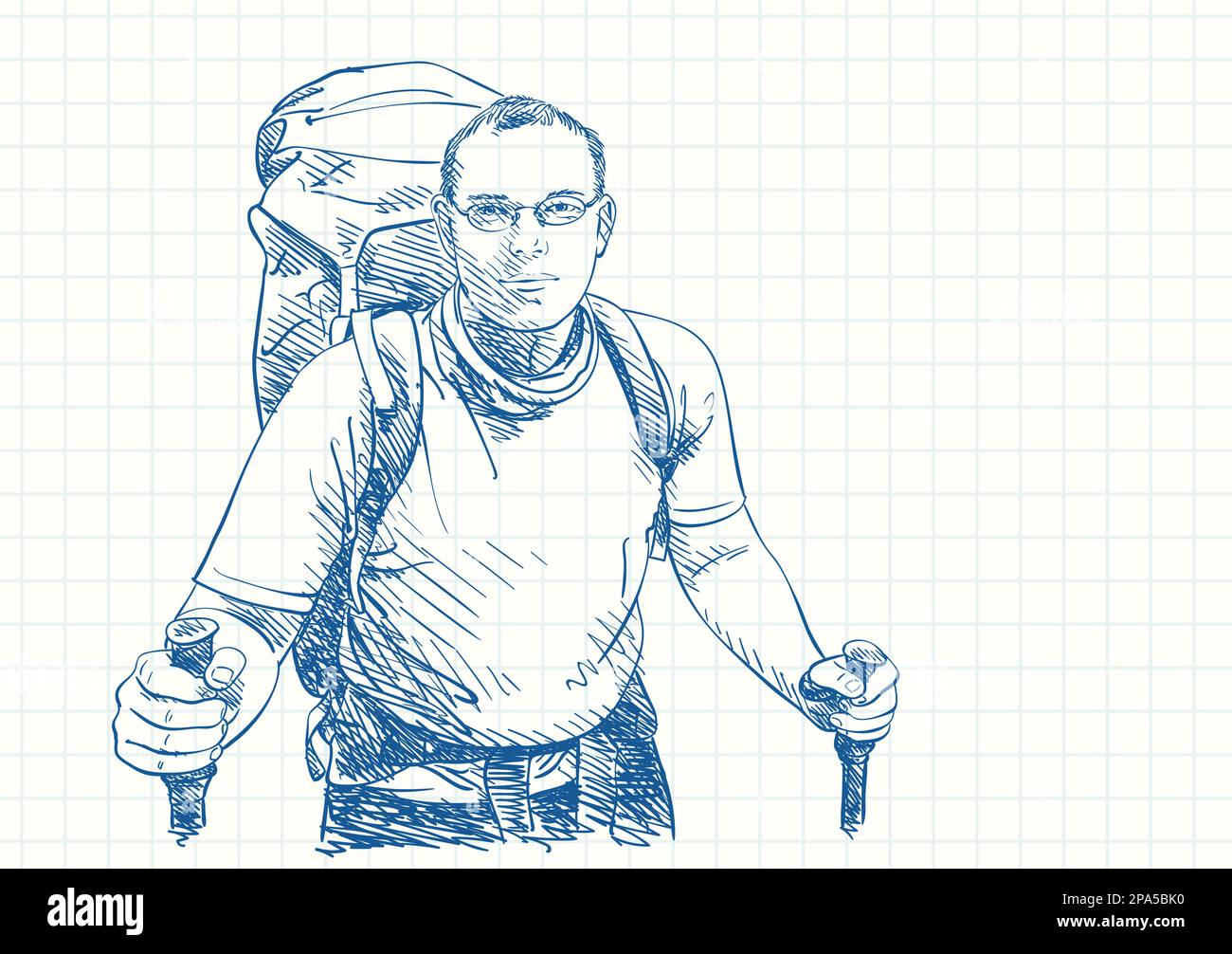 Trekking man with big backpack, Blue pen sketch on square grid notebook ...