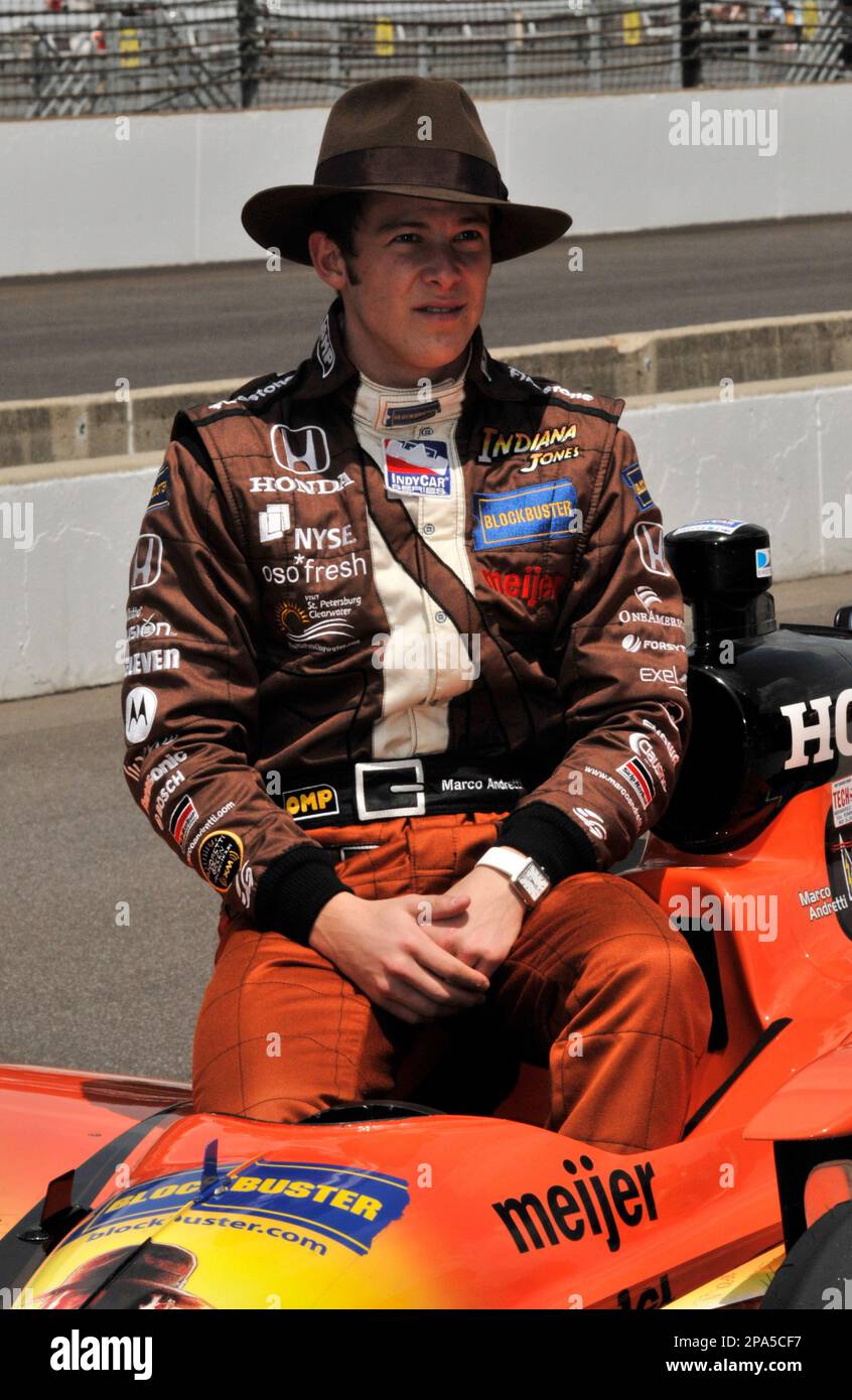 Marco Andretti poses in an "Indiana Jones" hat to salute his sponsor ...