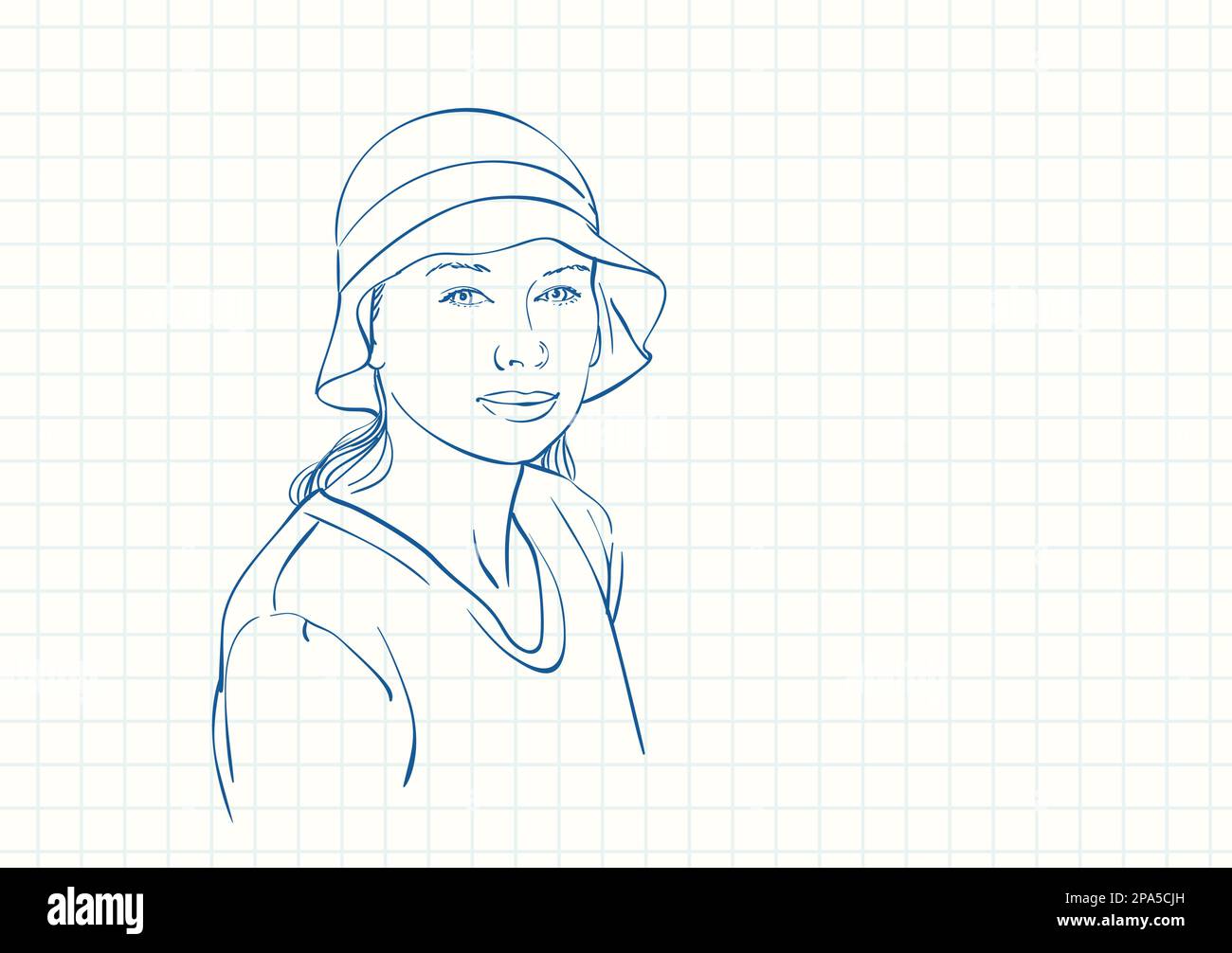 Woman in panama hat with thoughtful expression on her face, Blue pen sketch on square grid ...