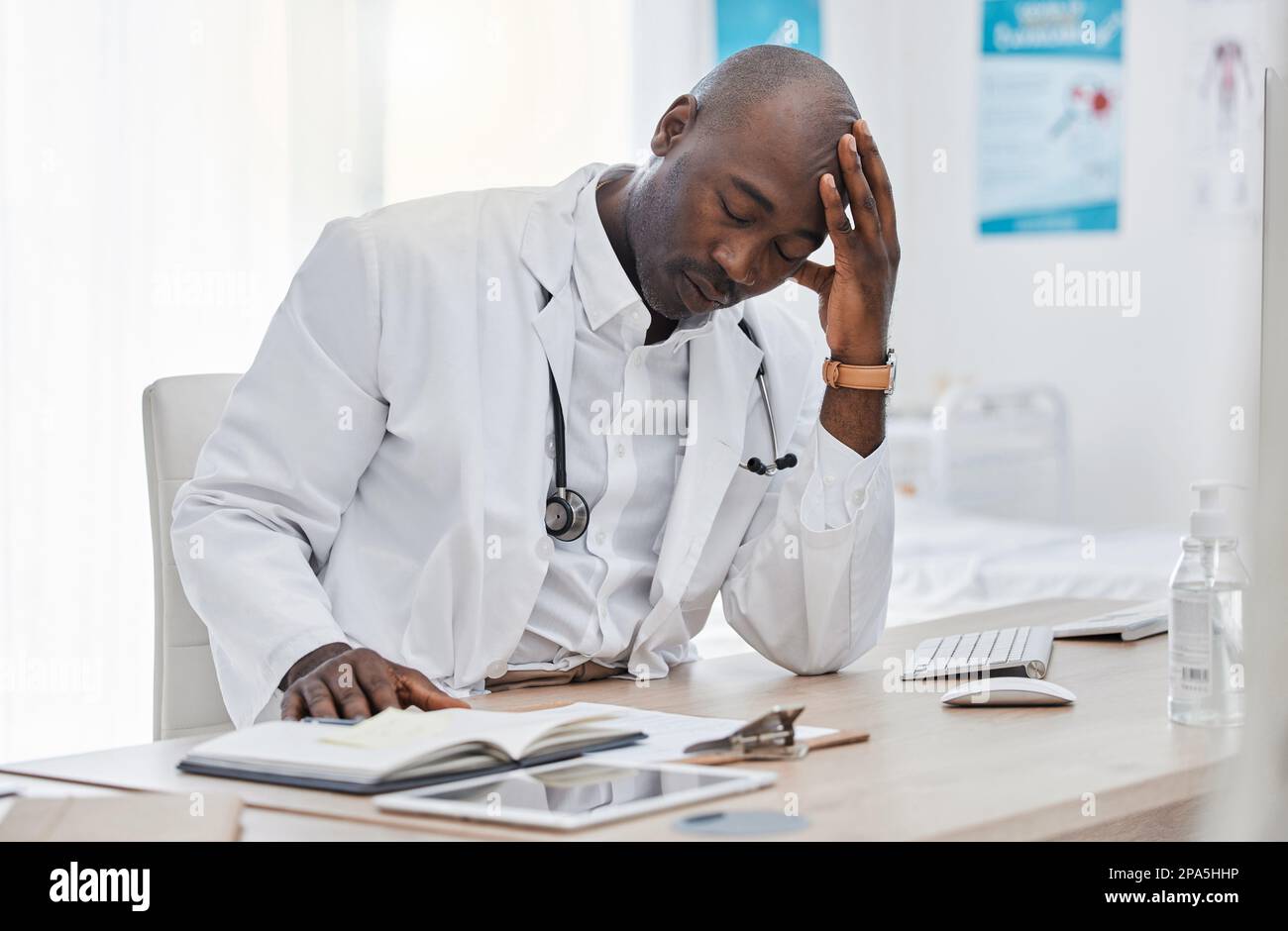 Stress, anxiety and sad doctor, medical professional and healthcare ...