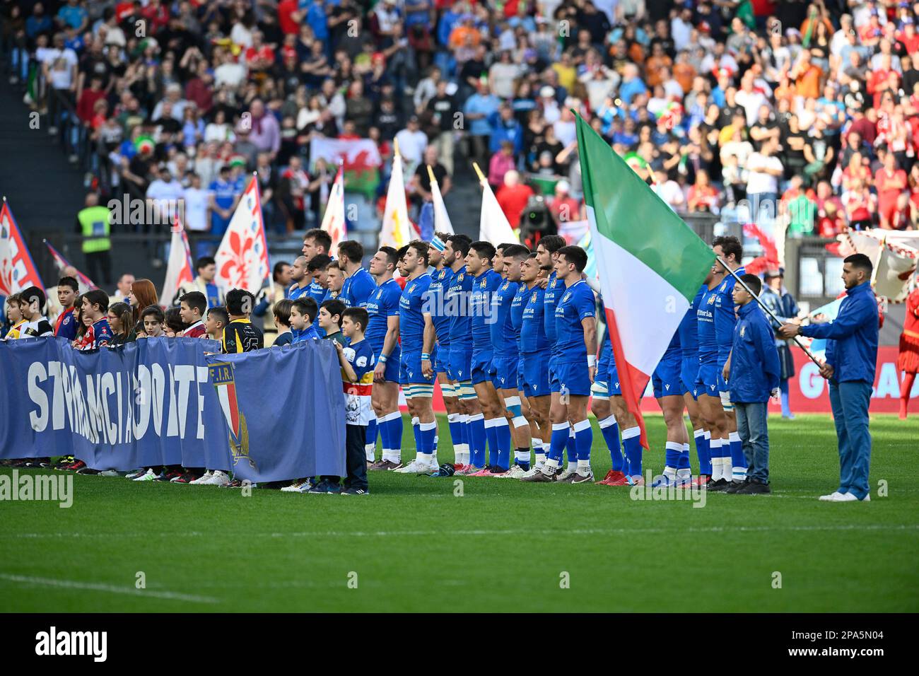 The Italy squad line up for the national anthems during Guinnes Six ...