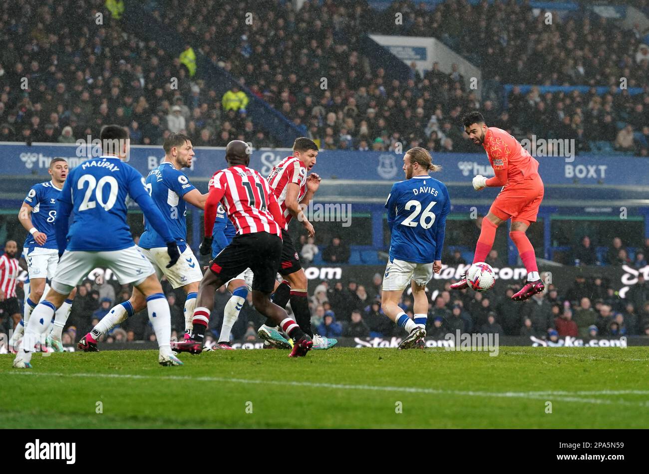 Brentford goalkeeper David Raya (right) heads towards goal during the Premier League match at ...