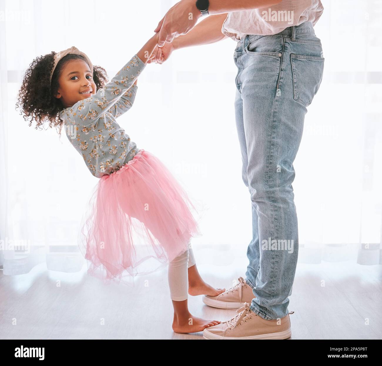 Happy, dance and girl with father dancing in a living room, love ...