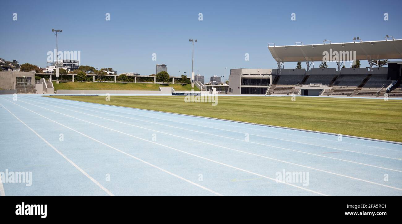 Race track, athletic and empty outdoor sports stadium for marathon ...