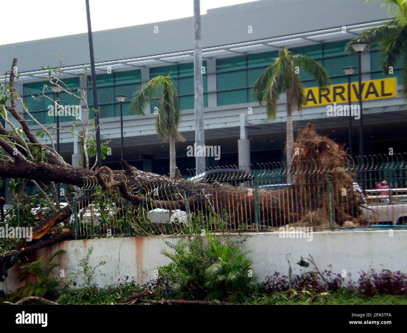 A toppled tree is seen outside the arrival area of Yangon International ...