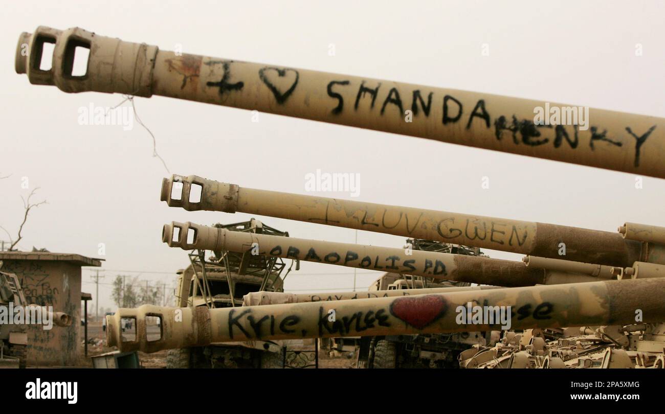 Messages which have been sprayed by U.S. soldiers, are seen on the ...