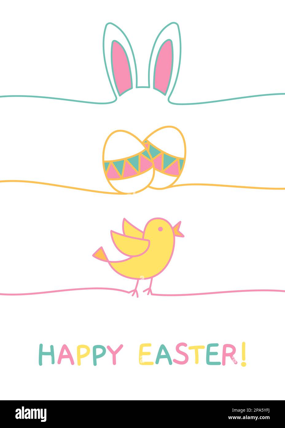 Happy Easter doodle greeting card with bunny ears, chcken eggs and ...