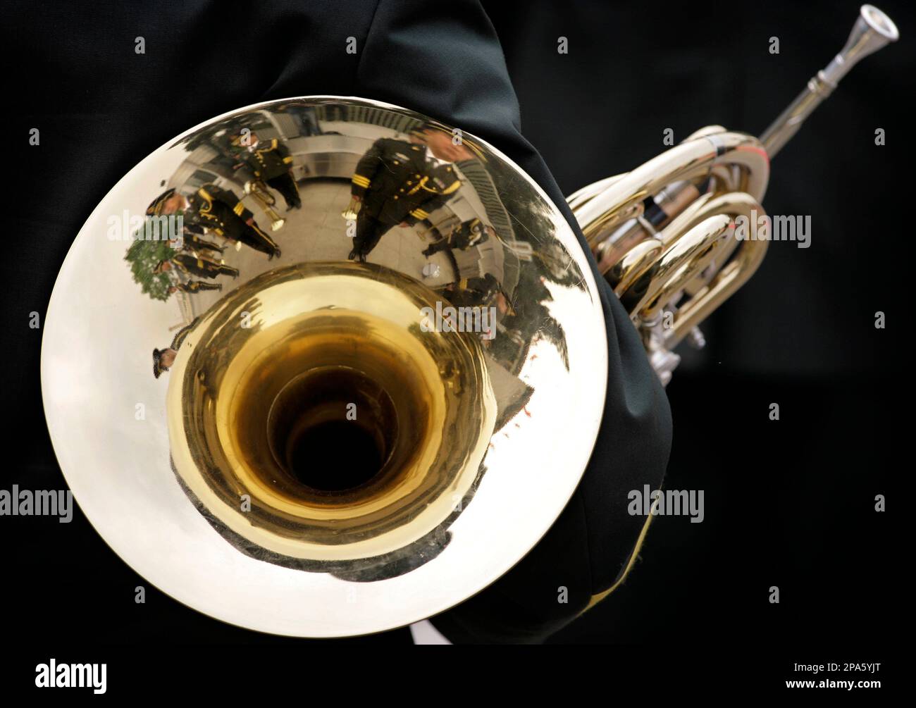 A Chinese military band is reflected on a tuba during a welcome ...