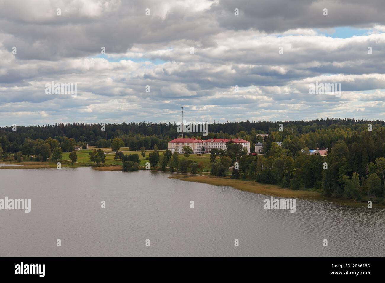 Aerial view over the Aluksne city, lake Aluksne and island, Latvia ...
