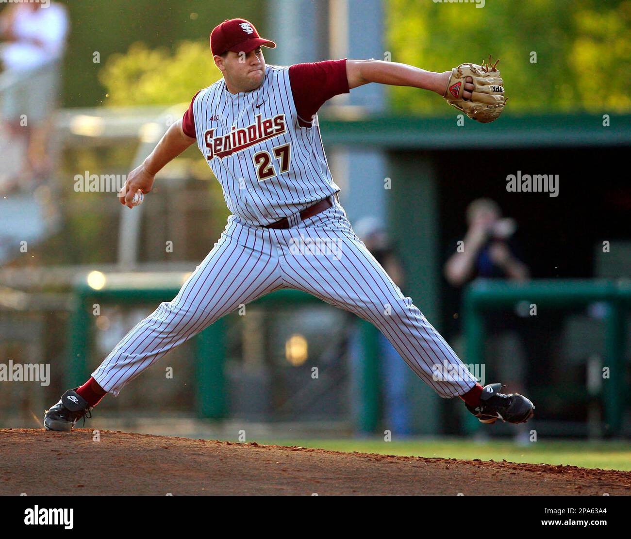 Florida State University pitcher Elih Villanueva throws in the bottom ...