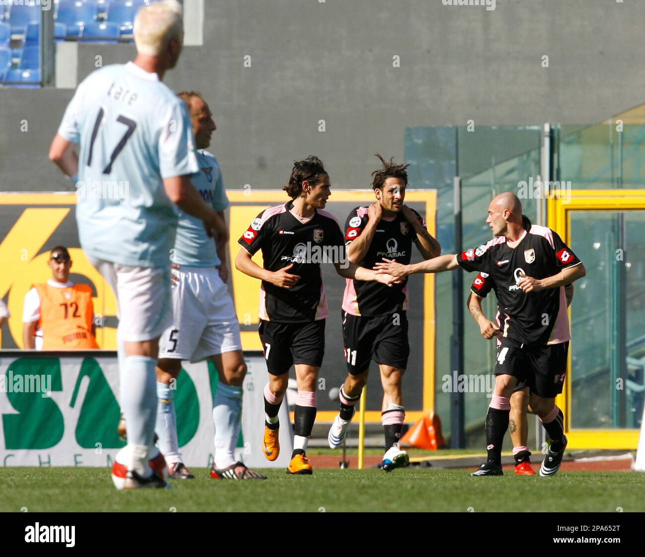 Palermo Brazilian forward Amauri, center, in celebrated by his teammate ...
