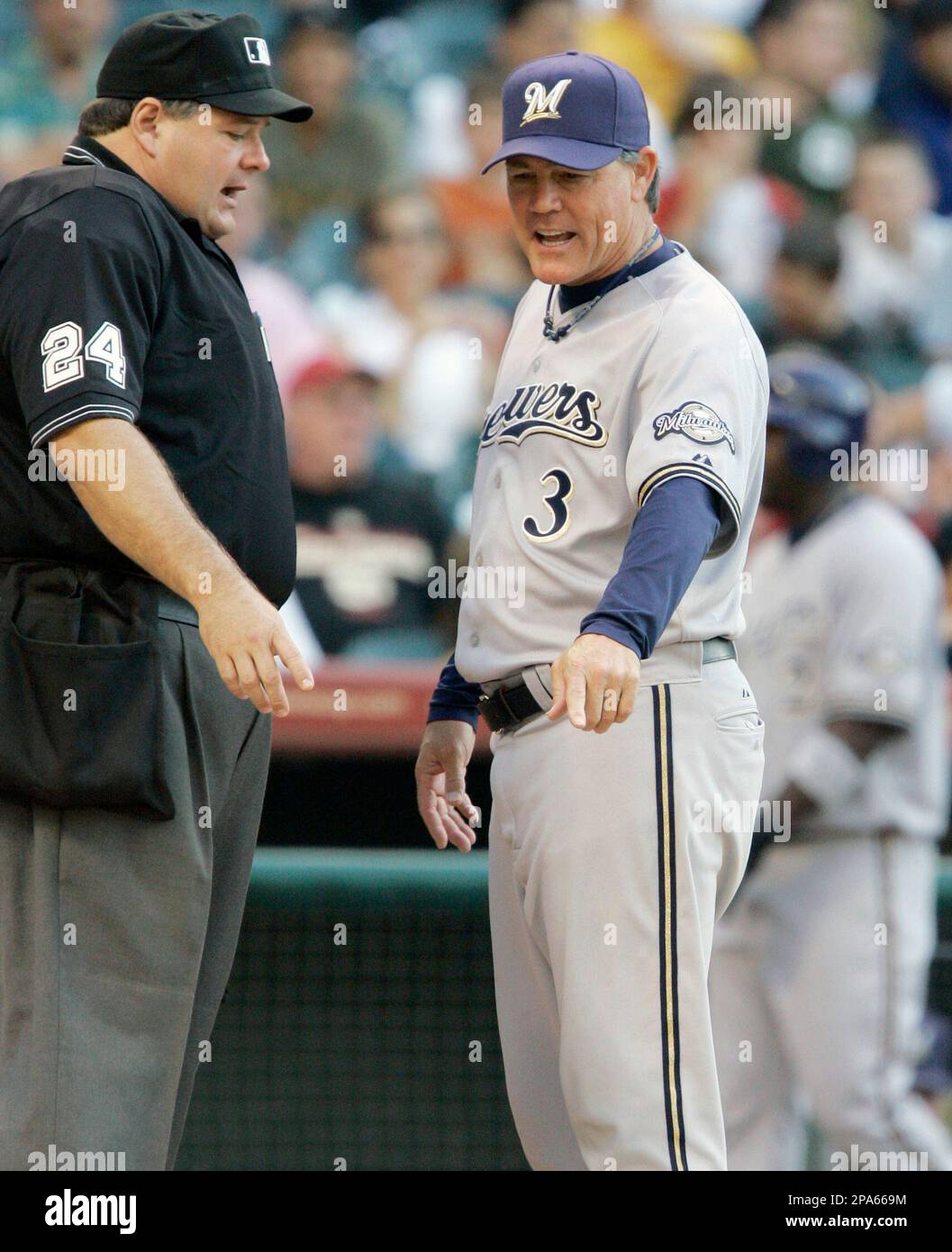 Milwaukee Brewers manager Ned Yost (3) argues with home plate umpire ...