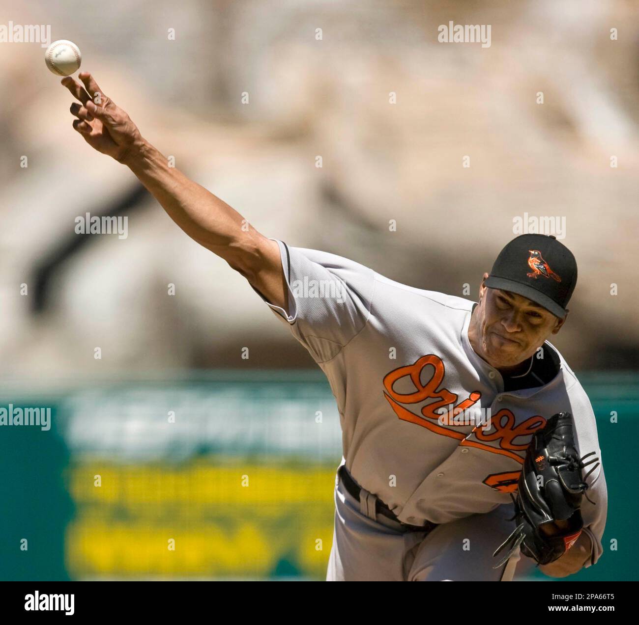 Baltimore Orioles pitcher Daniel Cabrera throws against the Los Angeles ...
