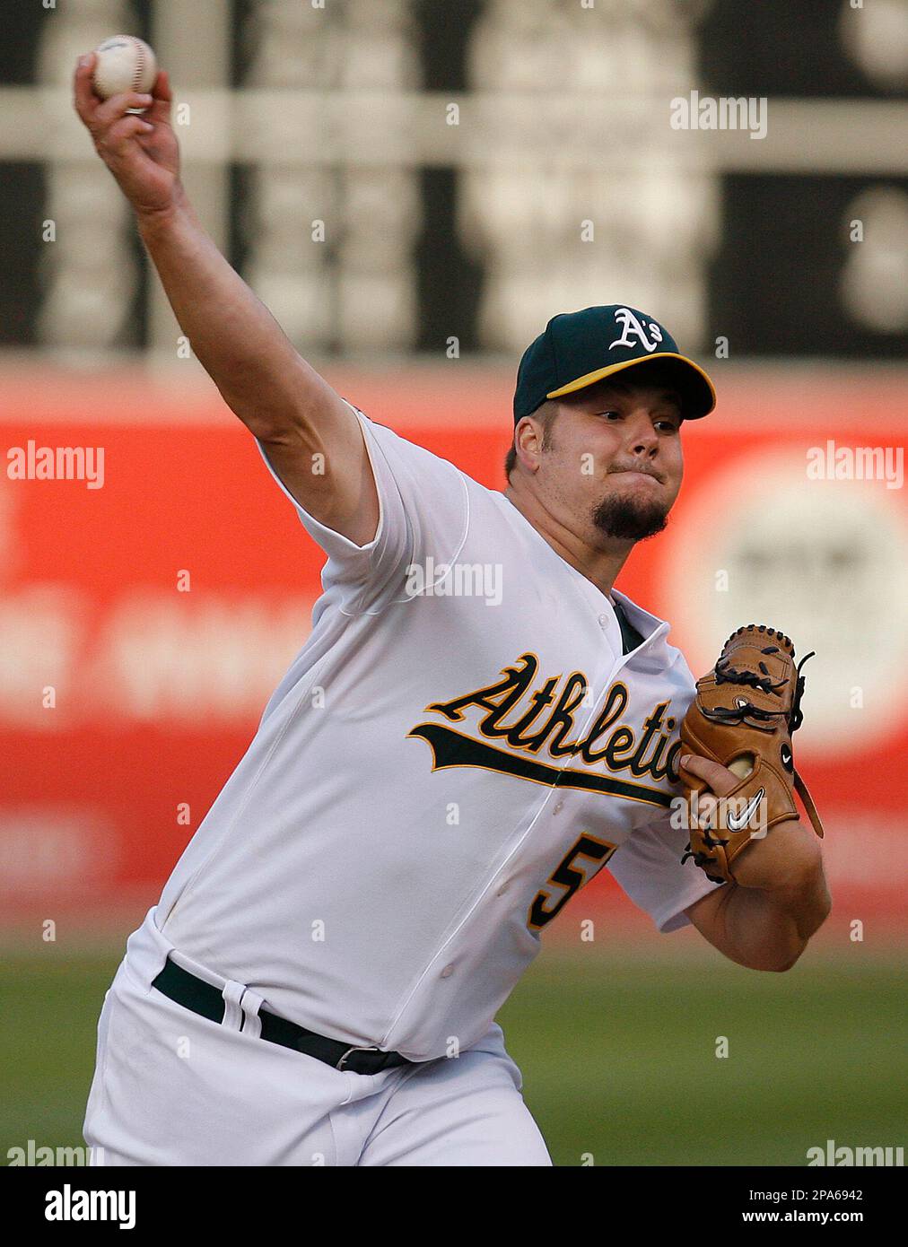 Oakland Athletics starting pitcher Joe Blanton throws to the Texas ...