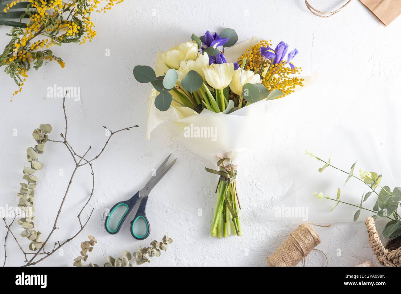 Make bouquet florist workplace. Flower arrangement in a flower shop ...