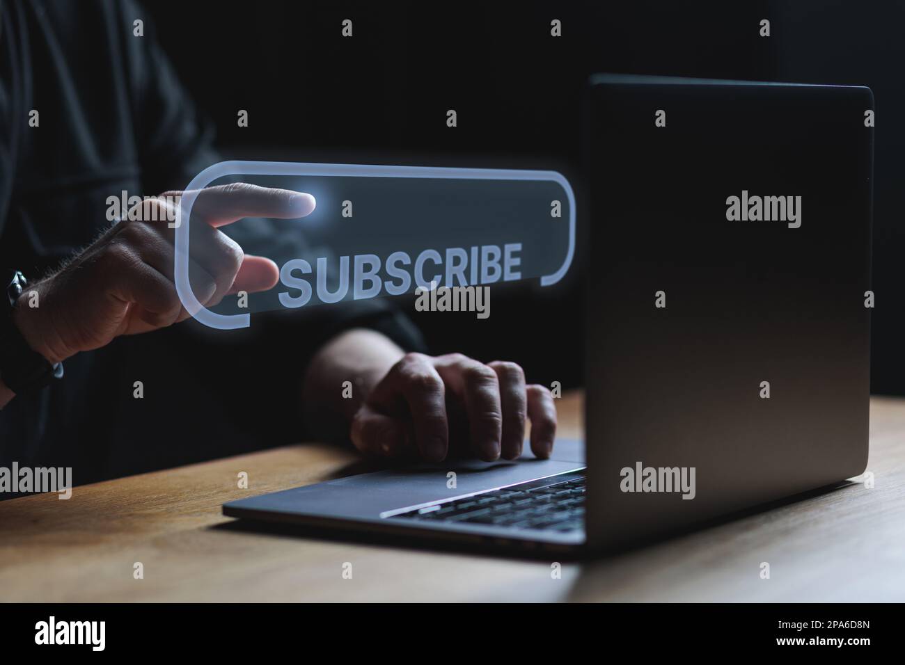 Man points on subscribe button. Visual concept of subscribe advertising ...