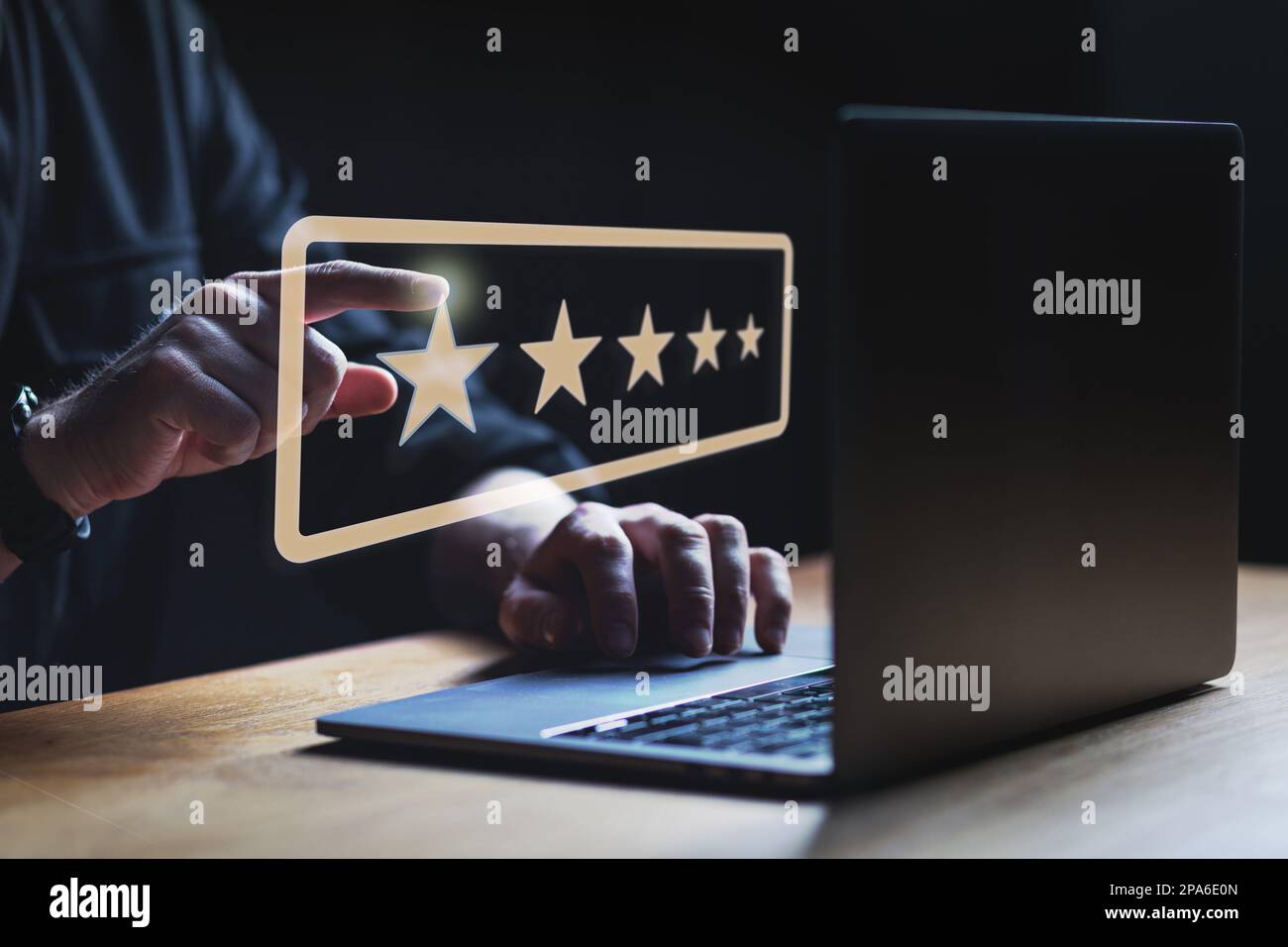 Five star rating. Man rates customer services by 5 starts. Visual ...