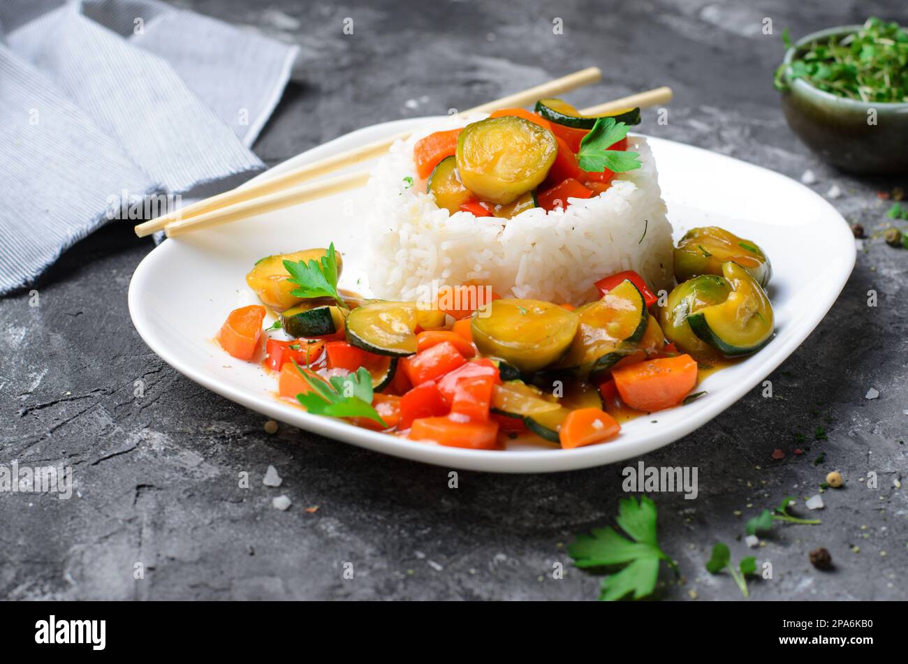 Rice with Vegetables, Asian Style, Vegetarian Meal on Dark Background ...