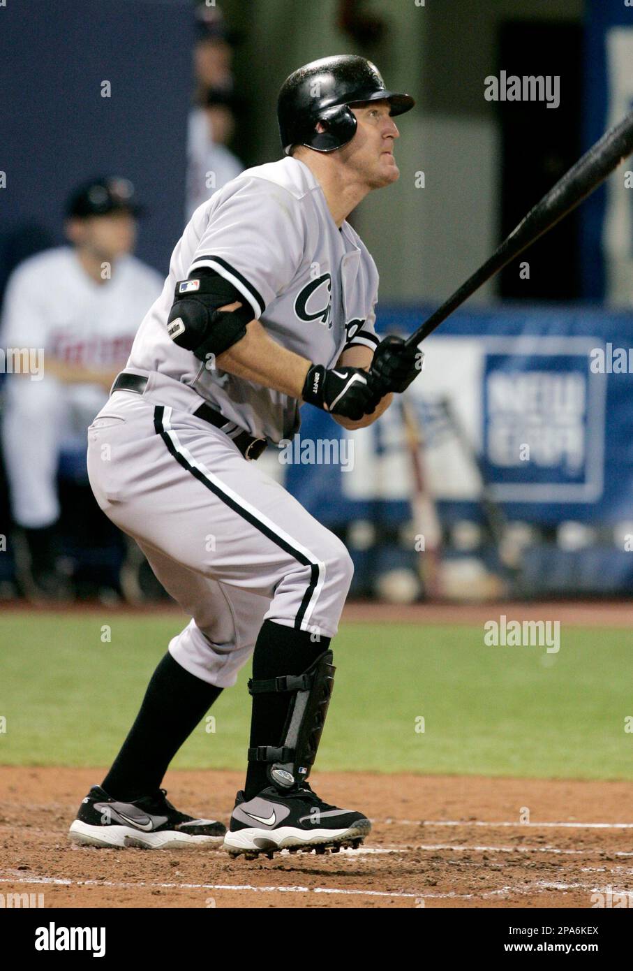 Chicago White Sox' Jim Thome watches his double off Minnesota Twins ...