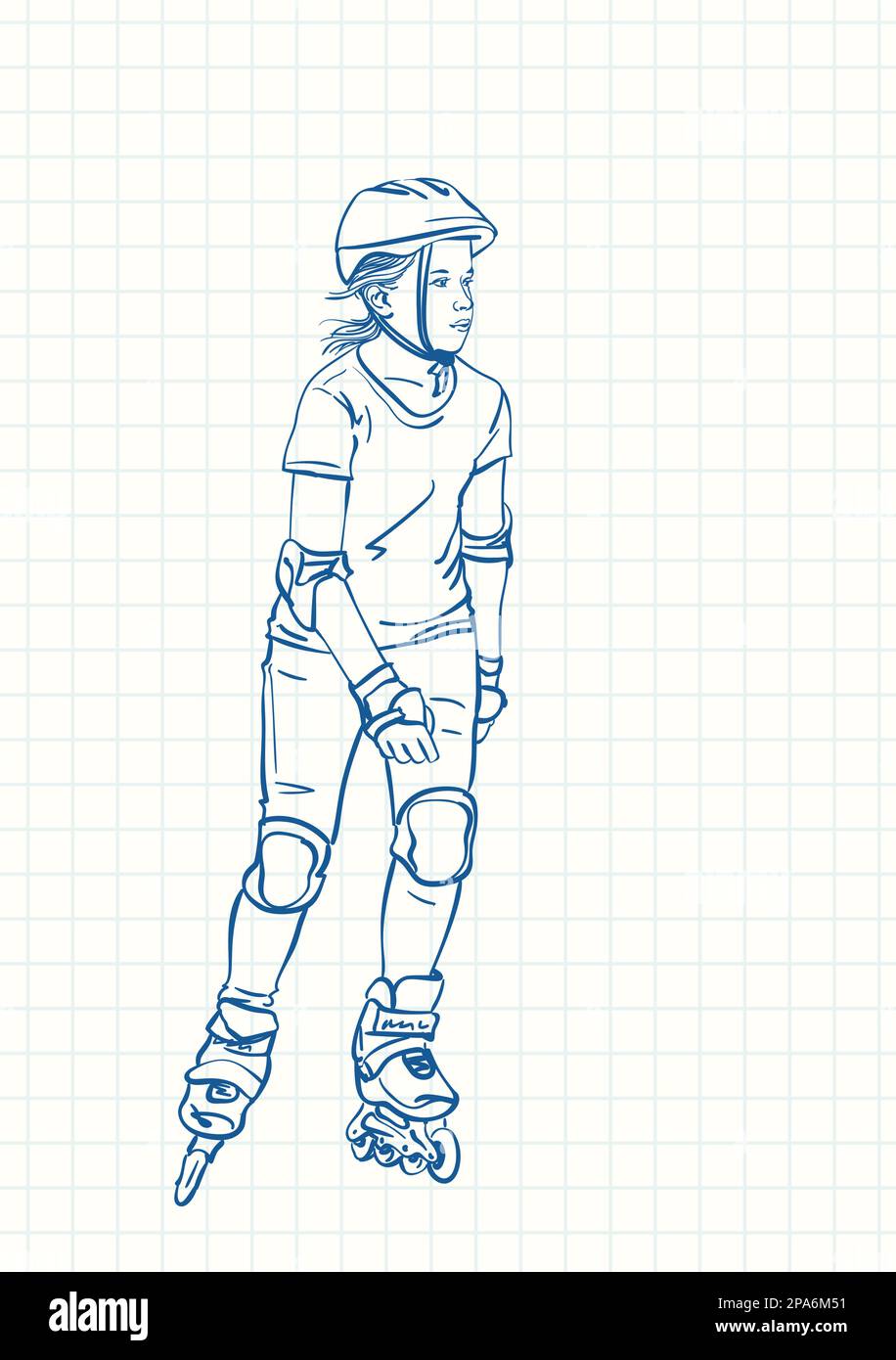 Teenage girl on rollers skating, Blue pen sketch on square grid ...