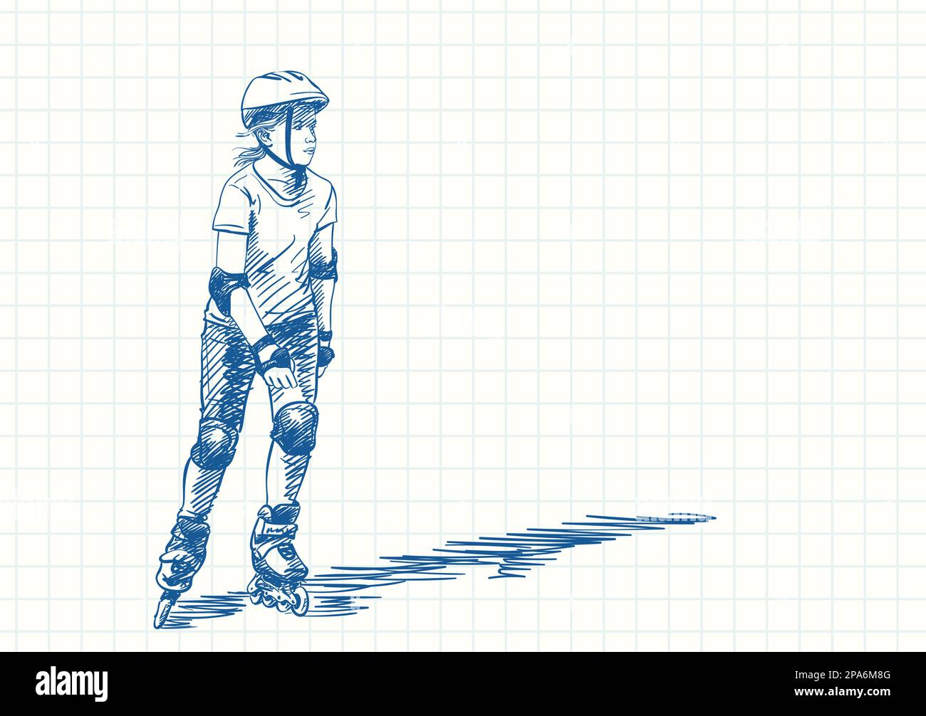 Teenage girl on rollers skating, Blue pen sketch on square grid ...