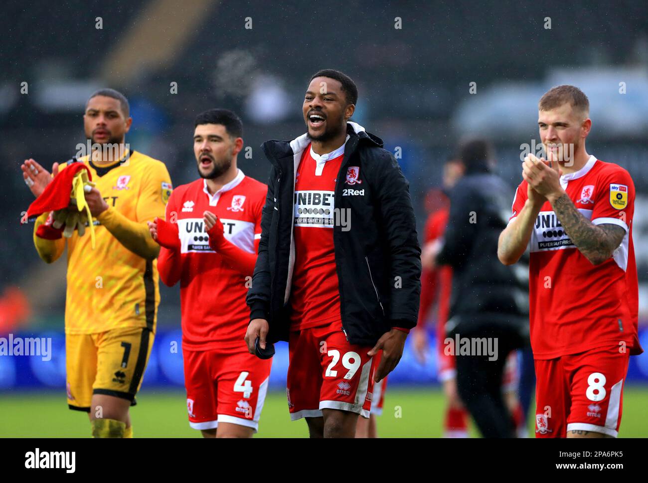 Middlesbrough's Chuba Akpom (centre) celebrates at the end of the Sky ...