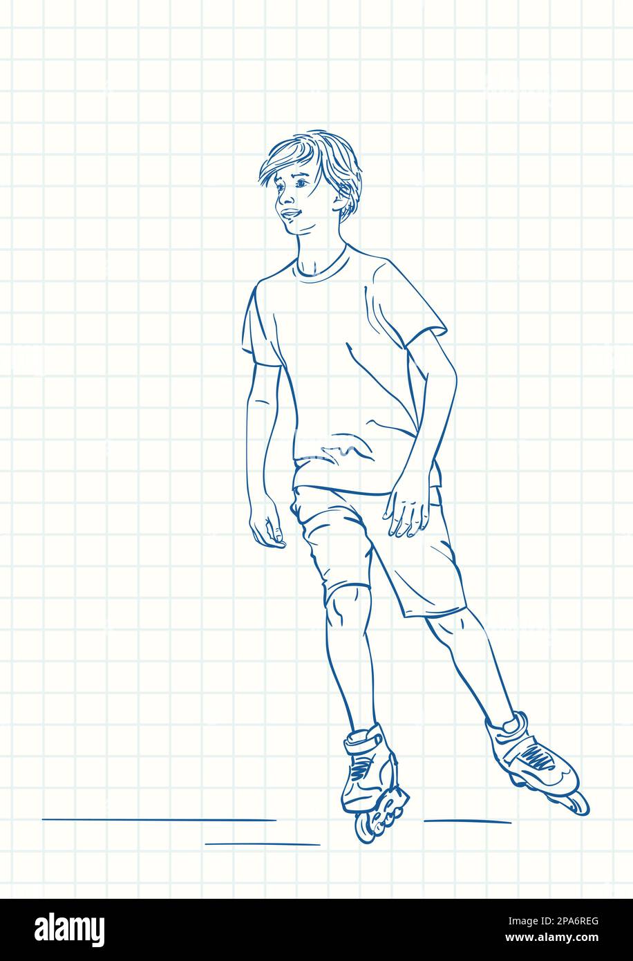 Teenage boy on rollers skating, Blue pen sketch on square grid notebook ...