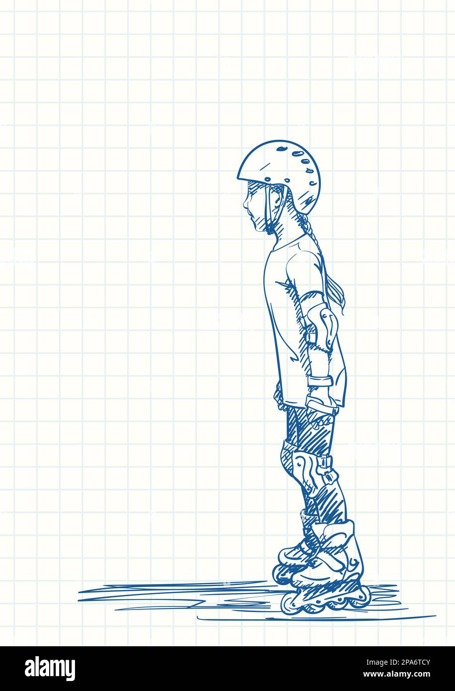 Girl learning to skate on rollers, Blue pen sketch on square grid ...